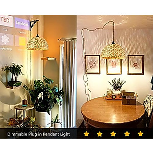 Plug in Pendant Light Rattan Hanging Lights with Plug in Cord Bamboo Hanging Lamp Dimmable,Woven Boho Wicker Basket Lamp Shade,Hemp rope Plug in Ceiling Light Fixture for Living Room Bedroom Kitchen