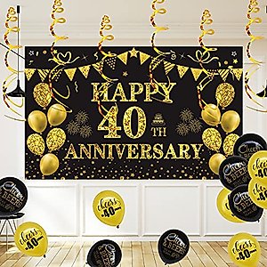 DARUNAXY 40th Wedding Anniversary Decorations, Large Happy 40th Anniversary Banner Backdrop 70 x 43 Inches, Black and Gold Party Balloons, Hanging Swirls for Indoor Outdoor Home Wall Party Supplies