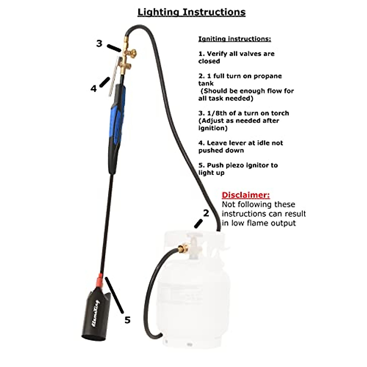 Flame King Propane Torch Kit Heavy Duty Weed Burner, 500,000 BTU with Push Button Piezo Ignitor (Self Igniting) , with 10-Ft Hose Regulator Assembly