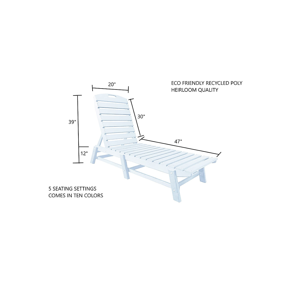 Phat Tommy Outdoor Pool Chaise Lounge, Heavy-Duty Beach Lounger - Folding, HDPE, Recycled Poly Furniture - Reclining Lounge Chair for Patio, Deck, Beach, Cabana, or Poolside, White