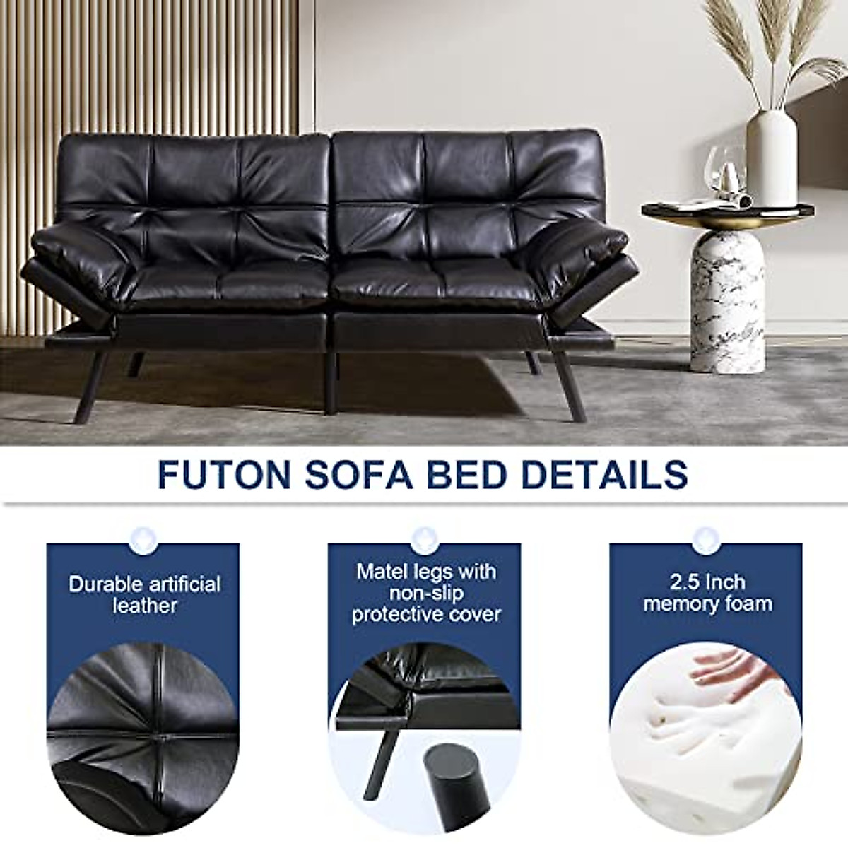 QAIIOO Futon Couch Modern Convertible Memory Foam,Faux Leather Loveseat Folding Sleeper Sofa Bed,Apartment,Dorm,Bonus Room, 71" D x 33" W x 31.5" H, Black 03