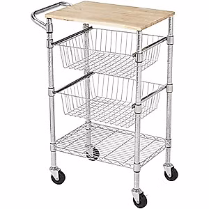 Amazon Basics 3-Tier Metal Basket Rolling Cart with Wood Top