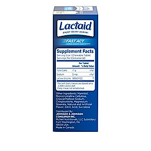 Lactaid Fast Act Lactose Intolerance Chewables with Lactase Enzymes, Vanilla, 60 Count (Pack of 1)