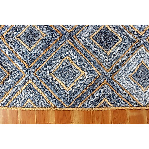 CASAVANI Indian Hand Braided Rag Rug Geometric Blue & Beige Cotton Chindi & Jute Rug Best Uses for Living Room,Hallway Runner Rug,Stair Runner Rug & Kitchen 2.6x8 2.6x10 8x11 Feet