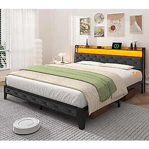 Winkalon Queen Bed Frame with Headboard, Bed Frame with Charging Station, Metal Platform Bed Frame No Box Spring Needed, Modern Wood Upholstered Headboard and Under Bed Storage.
