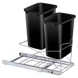 JupiterForce Double 35 Quart Sliding Pull Out Garbage Recycle Bin Kitchen Trash Can Container Under Cabinet Design for Home Kitchen, Black