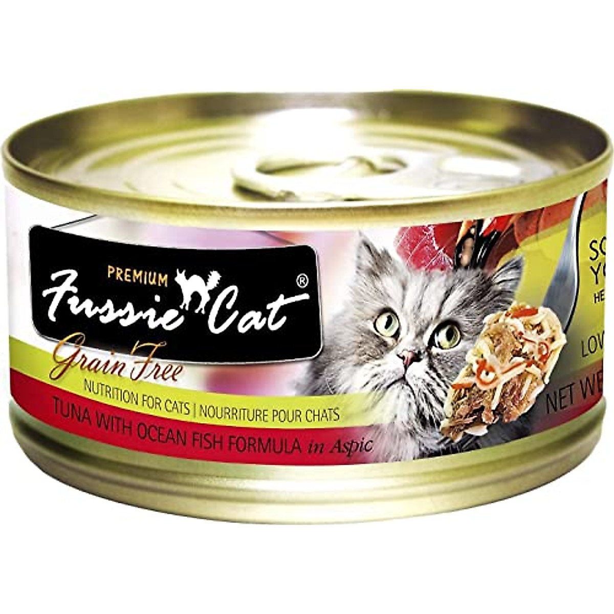 Fussie Cat Premium Canned Grain Free Cat Wet Food - Variety Bundle 4 Flavors Pack with HS Pet Food Bowl (12 Cans) (Tuna & Ocean Fish- Tuna & Salmon - Tuna & Shrimp - Tuna & Chicken) (2.82 Oz)