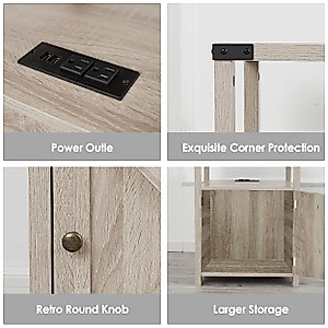 HOSEOKA Farmhouse Nightstand with Charging Station, Rustic End Table Bedroom with Storage Living Room Side Table Beige Night Stand Industrial Bedside Bed Table with USB Ports and Outlets