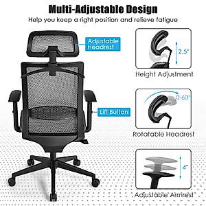 GOFLAME Ergonomic Mesh Office Chair, Swivel Executive Chair with Reclining High Backrest, Rotatable Headrest, Clothes Hanger and Lumbar Support, Height Adjustable Computer Desk Chair (Gray)
