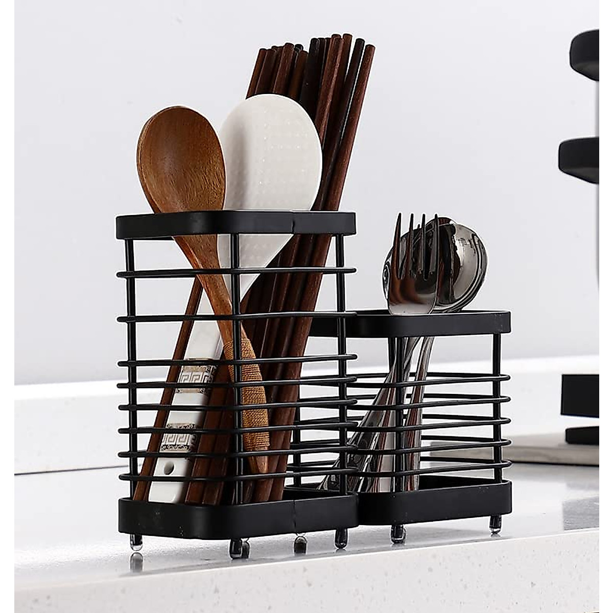 Oidium Stainless Steel Utensil Holder,Utensil Crock Countertop Organizer 6x4x3 In,Black Utensil Holder,Metal Steel Square Utensil Flatware Storage for Countertop (Large)