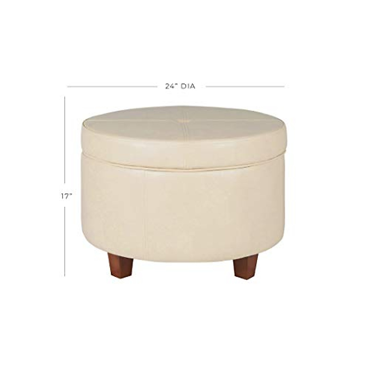 HomePop Round Leatherette Storage Ottoman with Lid, Ivory Large
