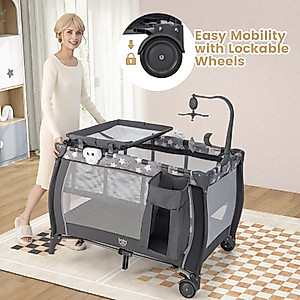 Costzon 3 in 1 Pack and Play with Bassinet, Portable Baby Playard with Changing Table, Bassinet, Music Box, Whirling Toys, Wheels/Brake, Large Basket, Bag, Foldable Travel Crib for Indoor Outdoor