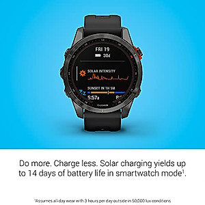 Garmin fenix 7S Solar, Smaller sized adventure smartwatch, with Solar Charging Capabilities, Rugged outdoor watch with GPS, touchscreen, health and wellness features, slate gray with black band