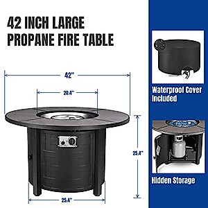 Outdoor Propane Firepit Table, 42Inch, 50,000 BTU Auto-Ignition Rounded Fireplace with Waterproof Table Cover, Lid and Blue Stone, CSA Certification, for Patio and Garden