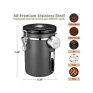 Veken Coffee Canister, Airtight Stainless Steel Kitchen Food Storage Container with Date Tracker and Scoop for Grounds Coffee, Beans, Tea, Flour, Cereal, Sugar, 22OZ, Gray