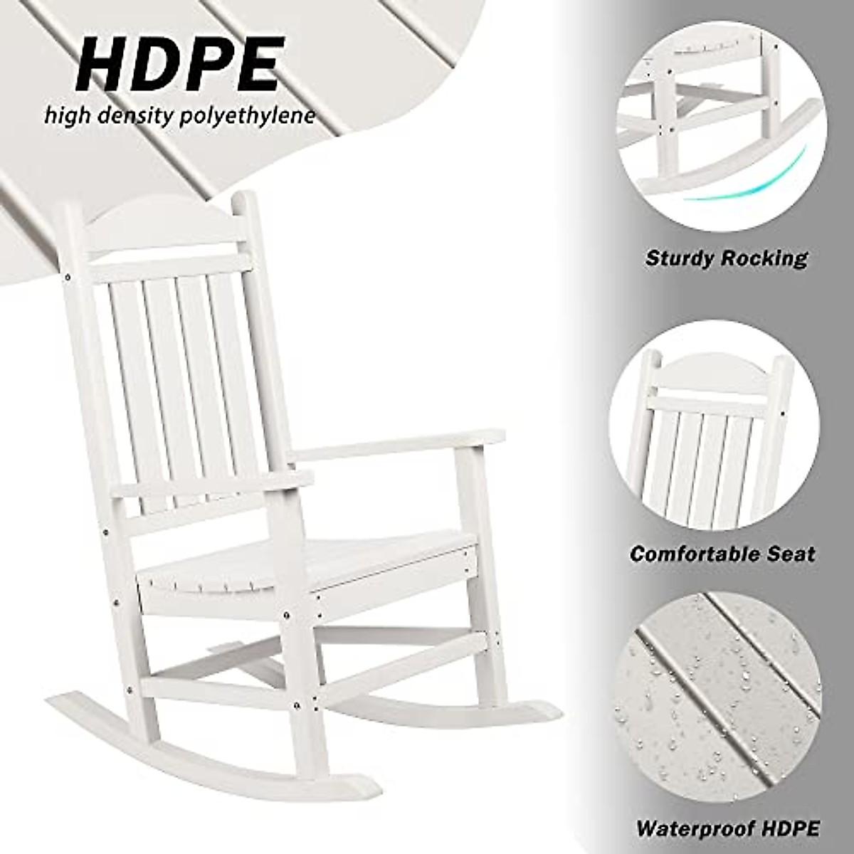 Xilingol Patio Rocking Chair, Poly Lumber Porch Rocker with High Back, 400Lbs Support Rocking Chairs for Outdoor Garden Lawn, White