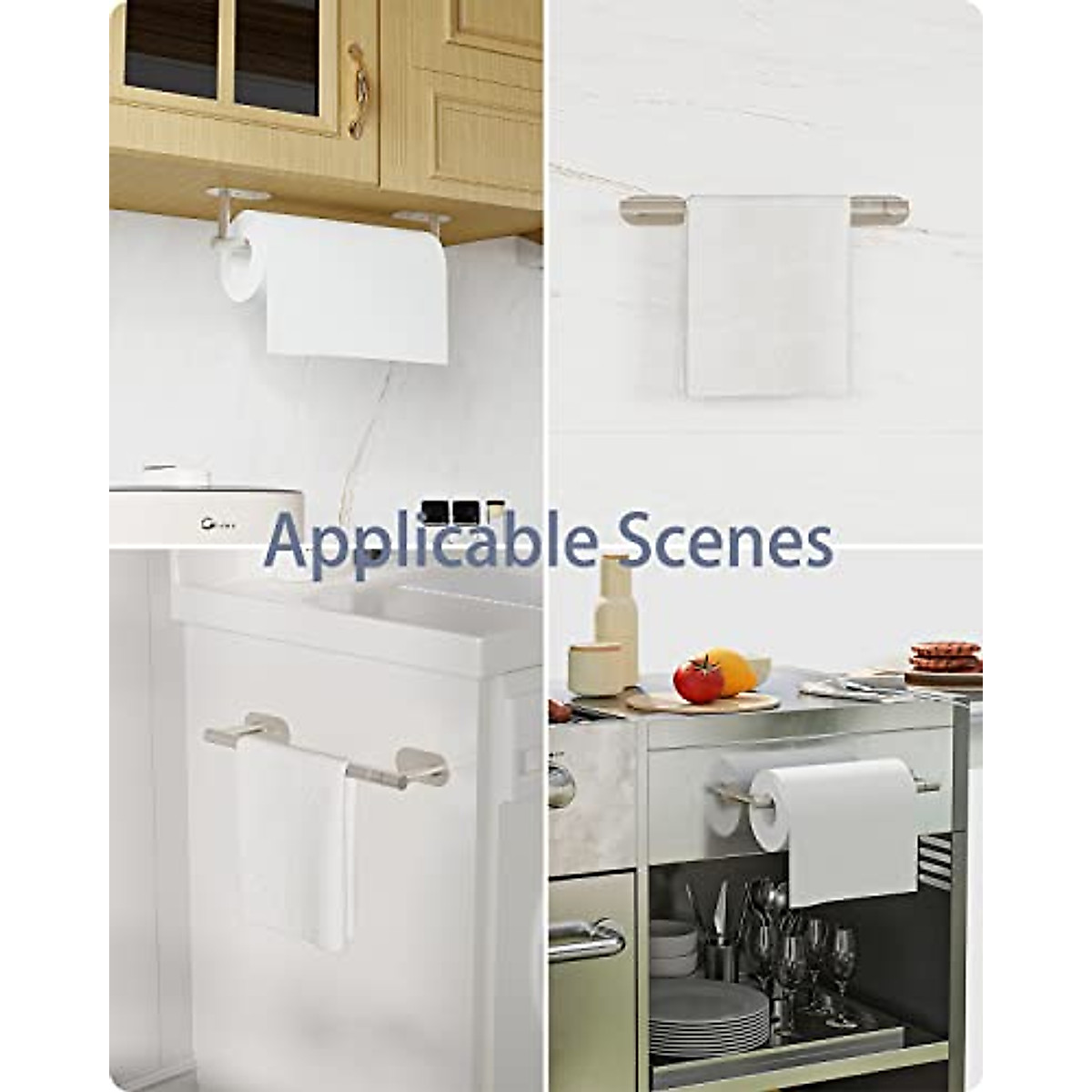 WZKALY Paper Towel Holder, Adhesive Paper Towel Holder Under Cabinet Self-Adhesive or Wall Mounted SUS304 Stainless Steel for Kitchen Bathroom Farmhouse Barbecue Laundry (Sliver)