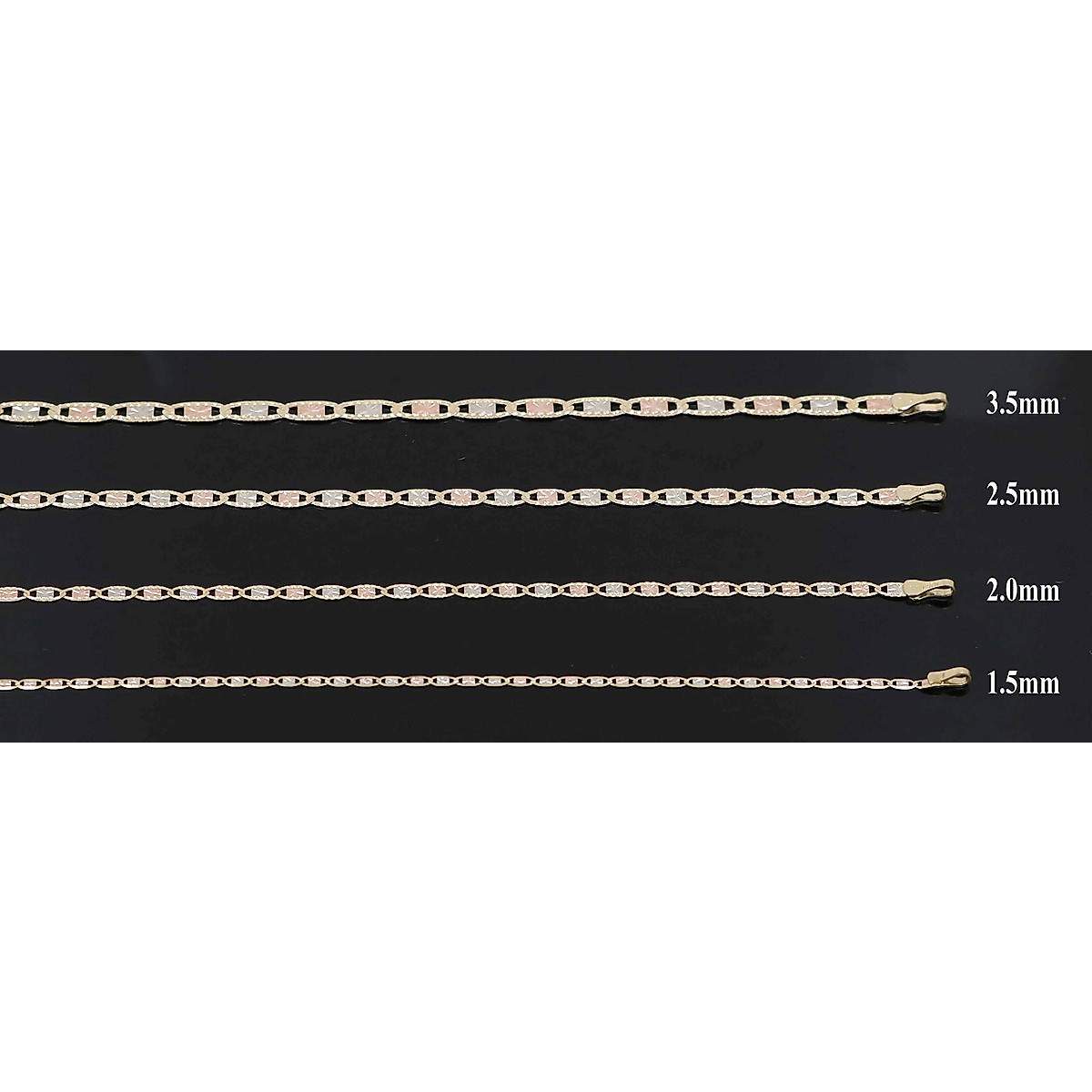 10K Tri Color Yellow, White, Rose Gold Flat Anchor Chain 1.5MM 16" to 24" (24)