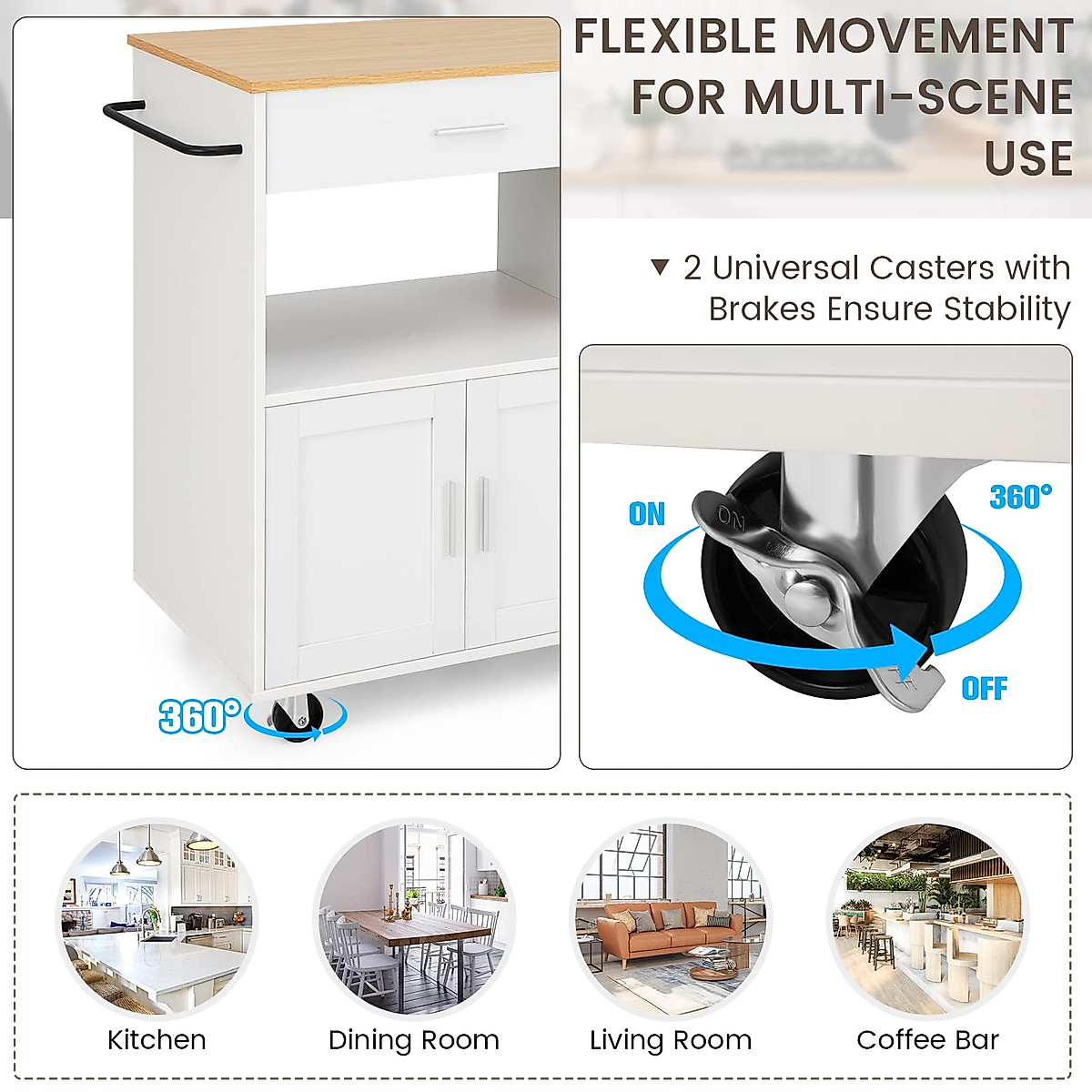 Giantex Kitchen Island on Wheels, Rolling Trolley Cart with 3 Spice Racks, 2-Door Cabinet, Storage Drawer, Open Shelf, Kitchen Serving Cart for Dining Room Bar (White)