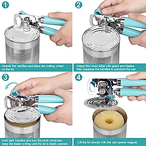 MAIYIONE - Safe Cut Can Opener Manual handheld, No-Trouble-Lid-Lift Can Opener with Magnet, Built in Bottle Opener, Stainless Steel Sharp Blade, Heavy Duty and Easy to Use Large Turn Knob, Aqua Sky