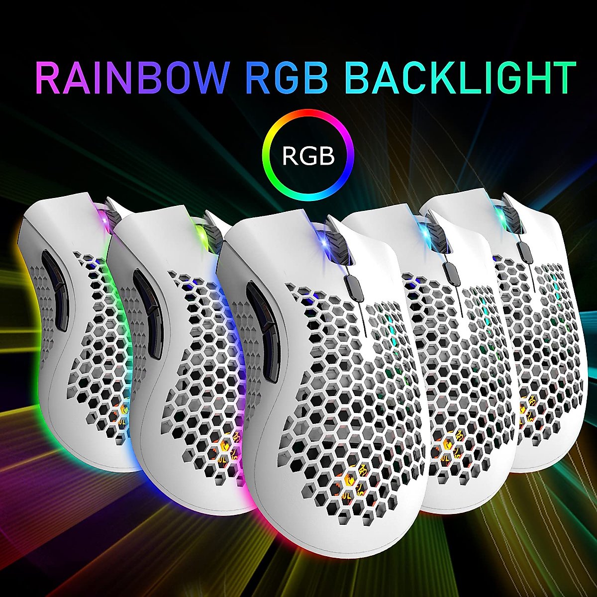 Wireless Lightweight Gaming Mouse Honeycomb with 7 Button Multi RGB Backlit Perforated Ergonomic Shell Optical Sensor Adjustable DPI Rechargeable 800mAh Battery USB Receiver for PC Mac Gamer(White)