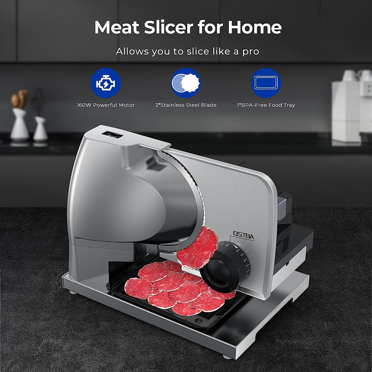OSTBA Die-Cast Electric Meat Slicer Machine, 0-23mm Adjustable Thickness, Two 6.7” Removable Stainless Steel Blades, Intermittent Switch, 160W Deli Food Slicer with Food Tray for Meat Cheese Bread