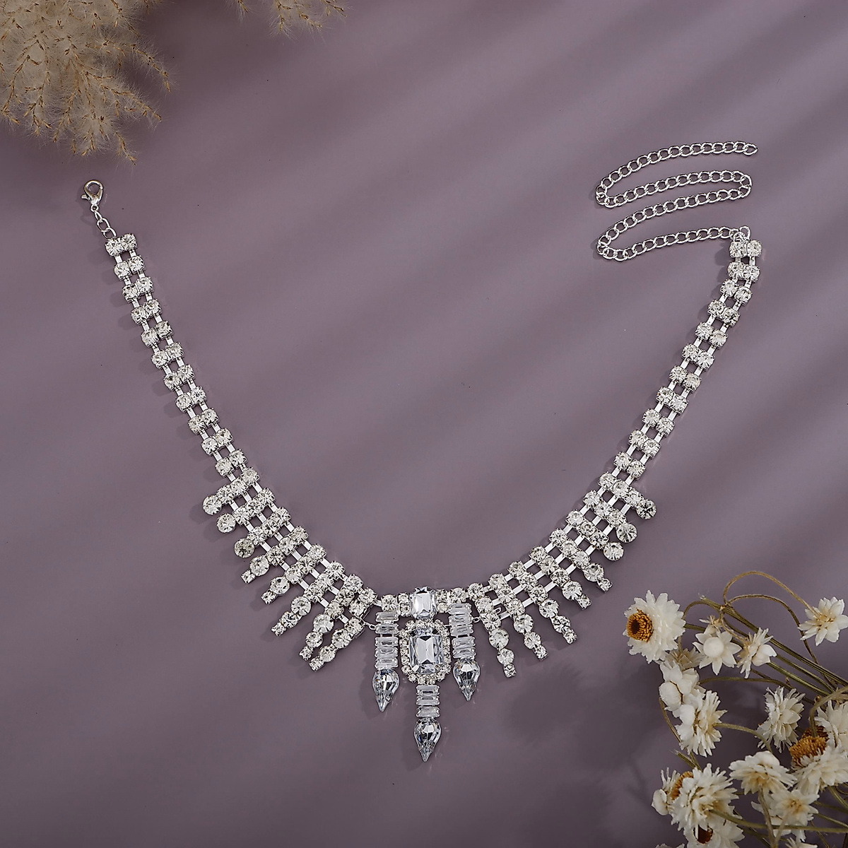 YERTTER Dainty Silver Full Rhinestone Chain Sparkly Collar Chain Choker Statement Tassel Crystal Choker Necklace Adjustable for Party Music Bar Women （Silver 4）