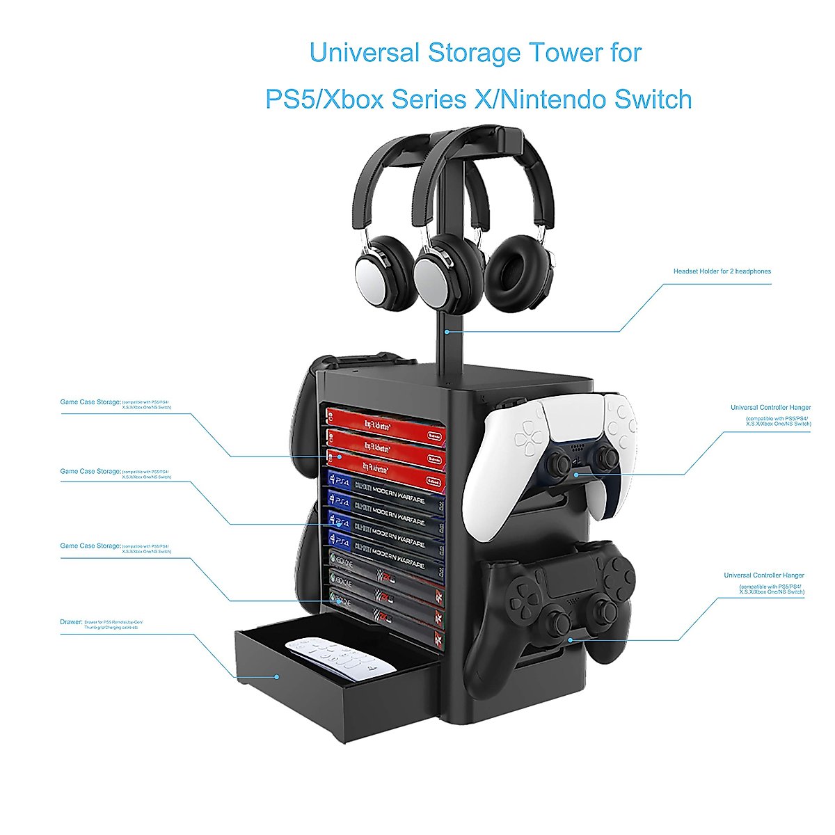 JOYTORN Games Storage Tower(Up to 10 Games) for PS5,Game Disk Rack and Controller/Headset Stand Holder Compatible with Xbox Series X/Nintendo Switch/PS4