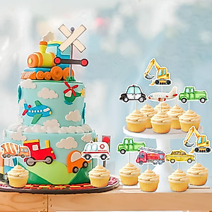 Kreatwow Transportation Cupcake Toppers 32 Pcs Watercolor Fire Engine Ambulance Taxi Airplane Construction Trucks Airplane Police Car Cupcake Picks Transportation Birthday Party Baby Shower Supplies