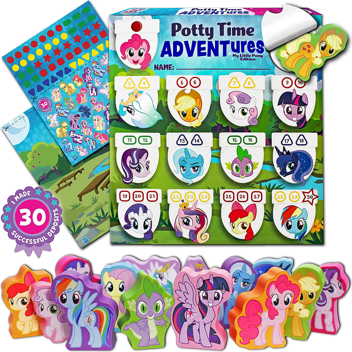 Potty Time Adventures Potty Training Chart by Lil ADVENTS - My Little Pony with 14 Wood Block Toy Prizes - Potty Training Advent Game - Wooden Block Toys, Reward Chart, Activity Board & Stickers