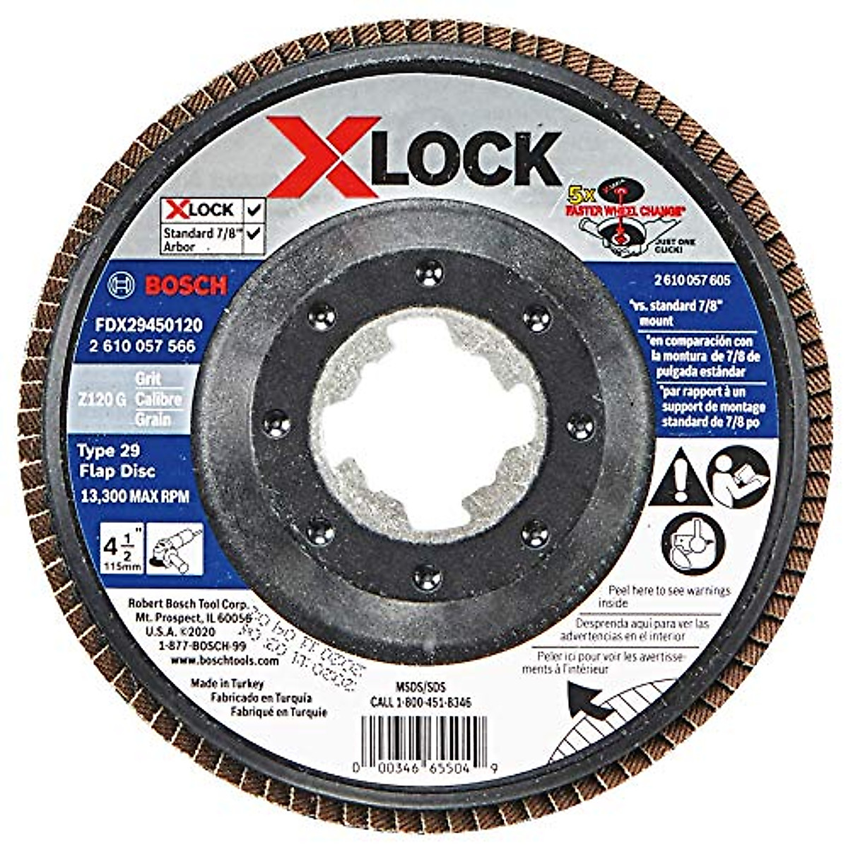 BOSCH FDX29450120 1-Piece 4-1/2 In. X-LOCK Flap Disc 120 Grit Compatible with 7/8 In. Arbor Type 29 for Applications in Metal Blending and Grinding