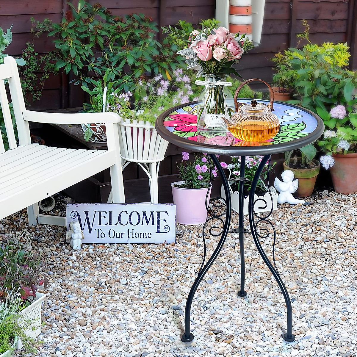 HONGLAND Outdoor Side Table Accent Round Painted Glass Desk for Garden,Patio, Dining Room 14 Inches(Butterfly)