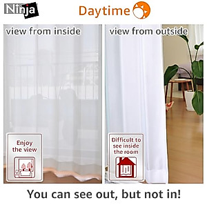 One-Way See Through Privacy Lace Curtains [Ninja], 194 Sizes, Made in Japan, Pinch Pleated 2 Panels Set, Hooks & Rings Included, Insulating, White Semi Sheer for Living Room/Bedroom, 49.2"W x 94.9"L