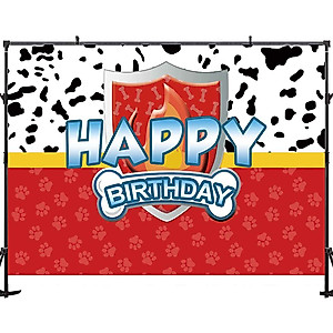 7x5ft Dog Patrol Birthday Backdrop Paw Print Red Fire Shield Happy Birthday Banner Decorations Background for Boys Girls Puppy Dog Birthday Party Cake Table Supplies