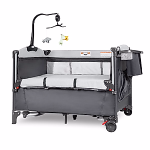 Afgbf Baby Bassinet Bedside Crib with Diaper Changer, 5 in 1 Pack and Play, Playpen Travel Bed with Storage, Baby Playard with 4 Adjustable Height, Carry Bag, Easy to Install, Grey