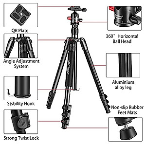 MACTREM Professional Camera Tripod with Phone Mount, 62" DSLR Tripod for Travel, Super Lightweight and Reliable Stability, Ball Head Tripod Detachable Monopod with Carry Bag (Black)