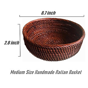 AMOLOLO 9 Inch Round Rattan Bowl Basket, Handmade Wicker Basket Tray with Scalloped Edge and 3”Deep Wall, Decorative Woven Dark Brown Bread Basket Fruit Bowl Key Holder Table Centerpiece, M