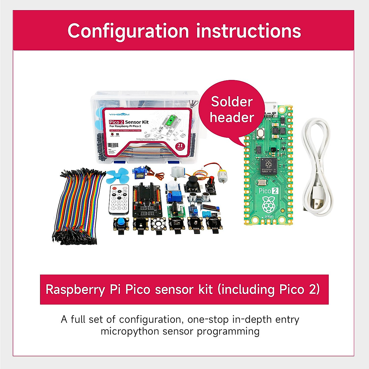 Yahboom Raspberry Pi Pico2 Sensor Kit, Compatible with Pico 2 Microcontroller Board, Based On Official RP2350 Chip, Dual-Core & Dual-Architecture Design, MicroPython Programming