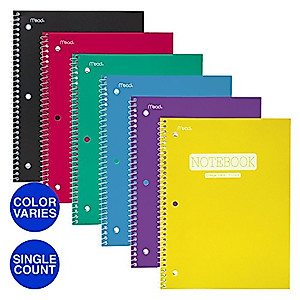 Mead Spiral Notebook, 1 Subject, College Ruled Paper, 70 Sheets, 10-1/2" x 7-1/2", Plastic, Color Selected For You, 1 Count (07178)