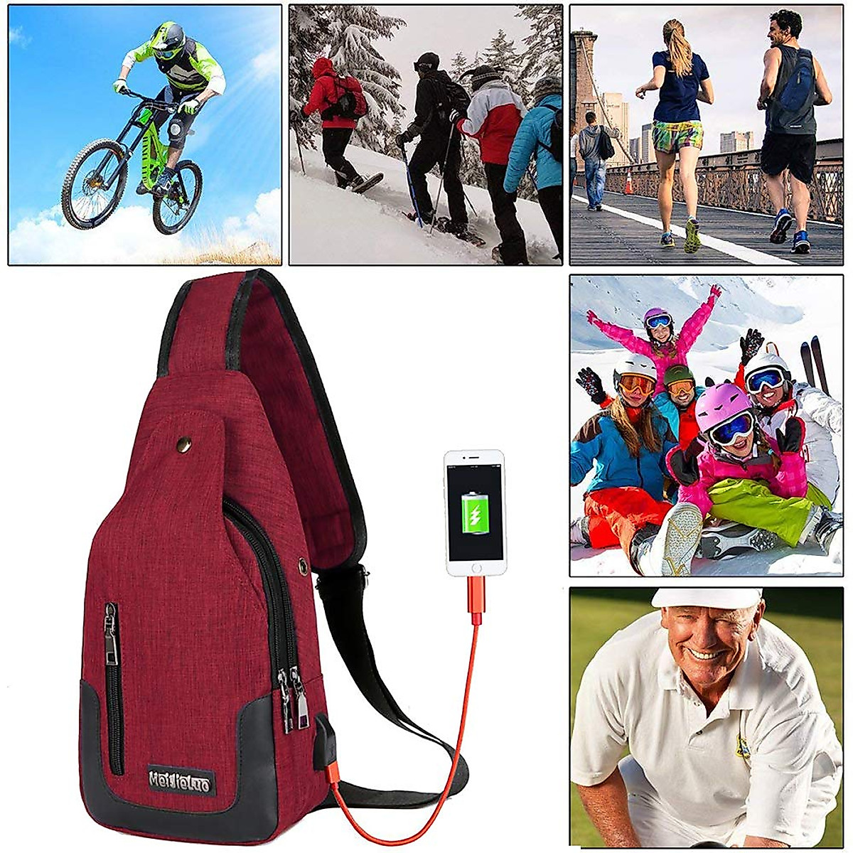 Peicees Travel Gym Bike Sling Bag Shoulder Backpack Daypack w/USB Charging Port