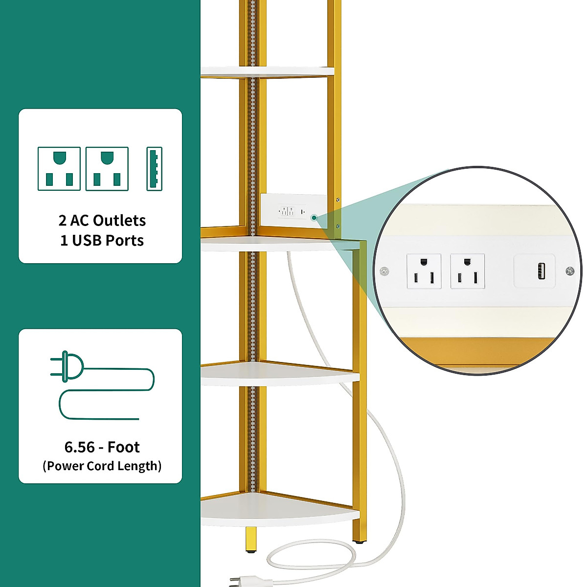 YITAHOME Corner Shelf with Power Outlets & LED Lights & Glass Holder, 5 Tier Corner Bar Rack, Corner Storage Cabinet Display Shelves for Living Room, Dining Room, Kitchen, Gold