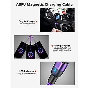 AUFU 540 Degree Magnetic Charging Cable (3Pack-6.6ft/6.6ft/6.6ft), Magnetic Phone Charger USB Magnetic Cable 3A Fast Charging Data Sync Nylon Braided USB Cord Cable for Micro USB Type C