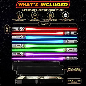 LIGHTSABER CHOPSTICKS LIGHT UP STAR WARS CHOPSTICK LED Glowing Light Saber Chop Sticks REUSABLE Sushi Lightup Sabers Cool Fun Geeky STARWARS Chop Stick Set Red Green Blue Purple 4 Pairs JEDI CASE BOX