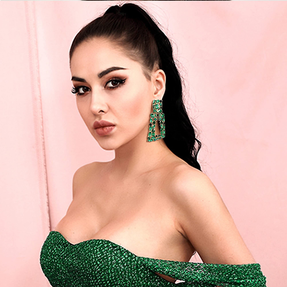 Flyonce Green Earrings for Women, Emerald Green Rhinestone Wedding Party Costume Statement Rectangle Dangle Geometric Earrings Gold-Tone