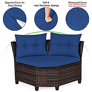 Tangkula 4-Piece Patio Furniture Set, C-Shape Outdoor Wicker Sectional Sofa Set, w/Cushions & Glass Coffee Table, Modern Deck Rattan Furniture for Garden Poolside Balcony (Navy Blue)