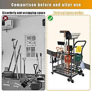 LWTURLOV Garden Yard Tool Organizer with Wheels,Garden Tool Storage,2 Stair Climbing Wheels Garden Cart Yard Tool Organizer for Garage,Yard Racks Tools, Shed, Garage Tool Organizer Rack,Black