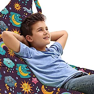 Ambesonne Childish Lounger Chair Bag, Pattern of Joyful Smiling Sun Clouds Stars Moon Rainbow Sky Sleep Dream Night, High Capacity Storage with Handle Container, Lounger Size, Multicolor