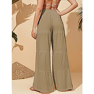 LilyCoco Flowy Pants for Women Palazzo Wide Leg Ruffle Trousers High Waisted Tiered Bell Bottom Camel Small