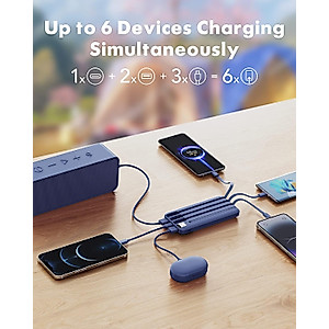 Portable Charger with Built in Cables, Portable Charger with Cords Wires Slim 10000mAh Travel Essentials Battery Pack 6 Outputs 3A High Speed Power Bank for iPhone Samsung Pixel LG Moto iPad