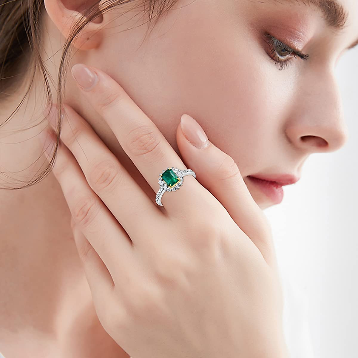 MOLICACI 18K Solid White Gold 1.1 CT Natural Green Emerald Rings with Natural Diamonds, Certified Gemstone Engagement Wedding Rings for Women, US Size 9